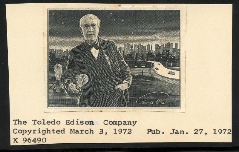 "THE TOLEDO EDISON COMPANY" UNIQUE VIGNETTE DIE PROOF MARCH 3,1972 ...