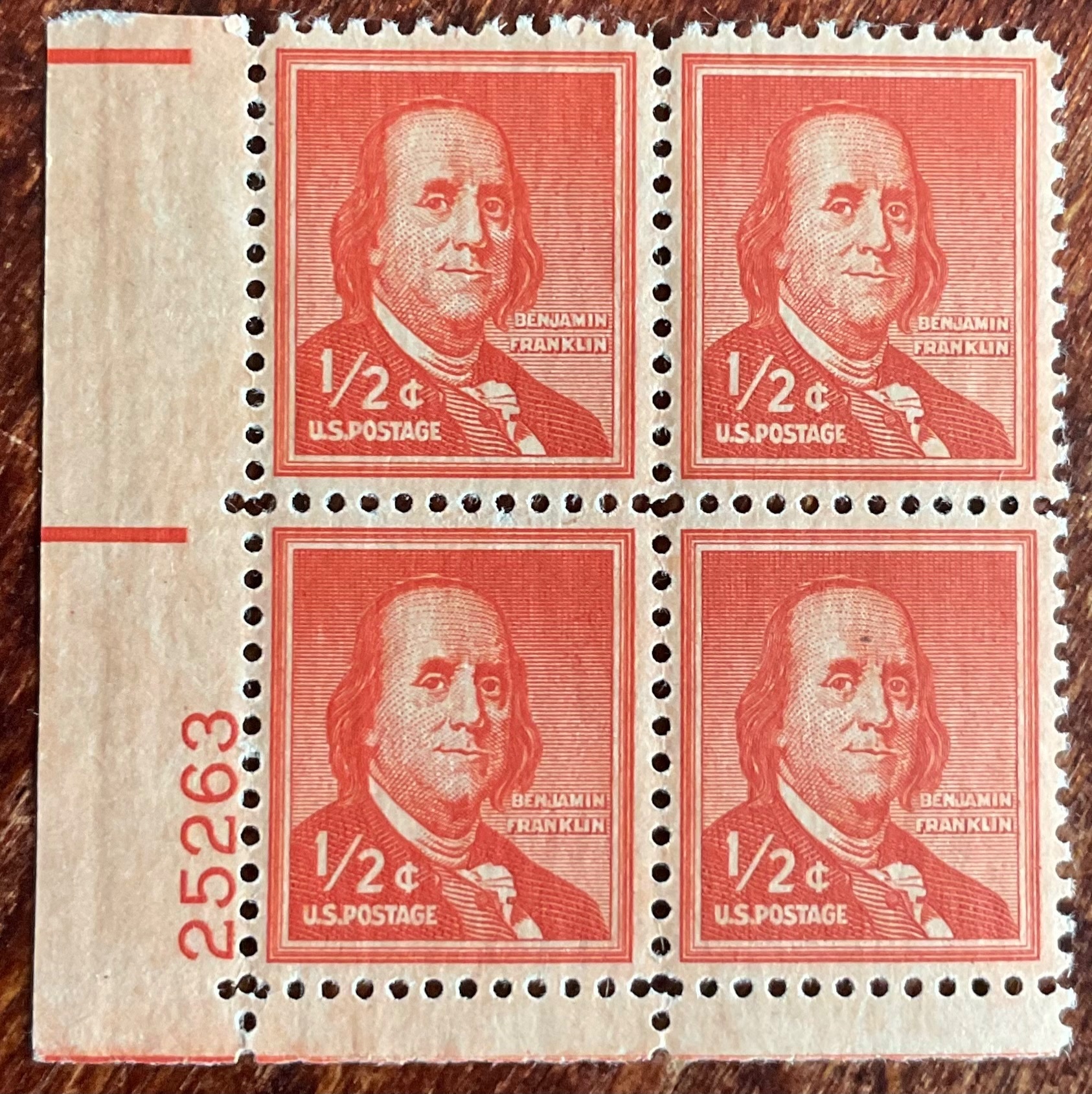 US #1030 MNH Wet Plate Block of 4 LL Benjamin Franklin SCV $1.00 L50 ...