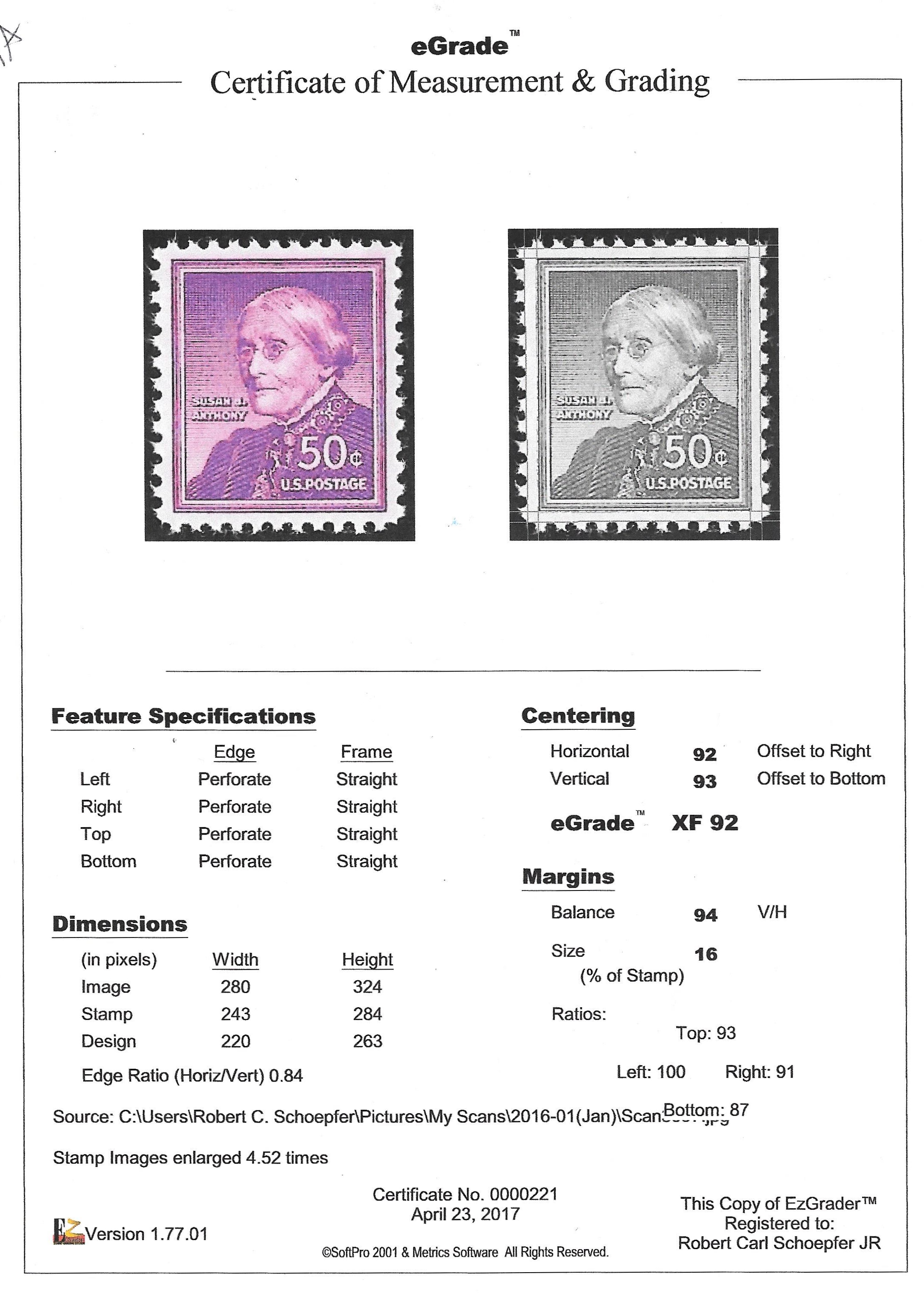 1051A 50 cent 1955 S. B. Anthony Stamp Mint OG NH EGRADED XF 92 ...