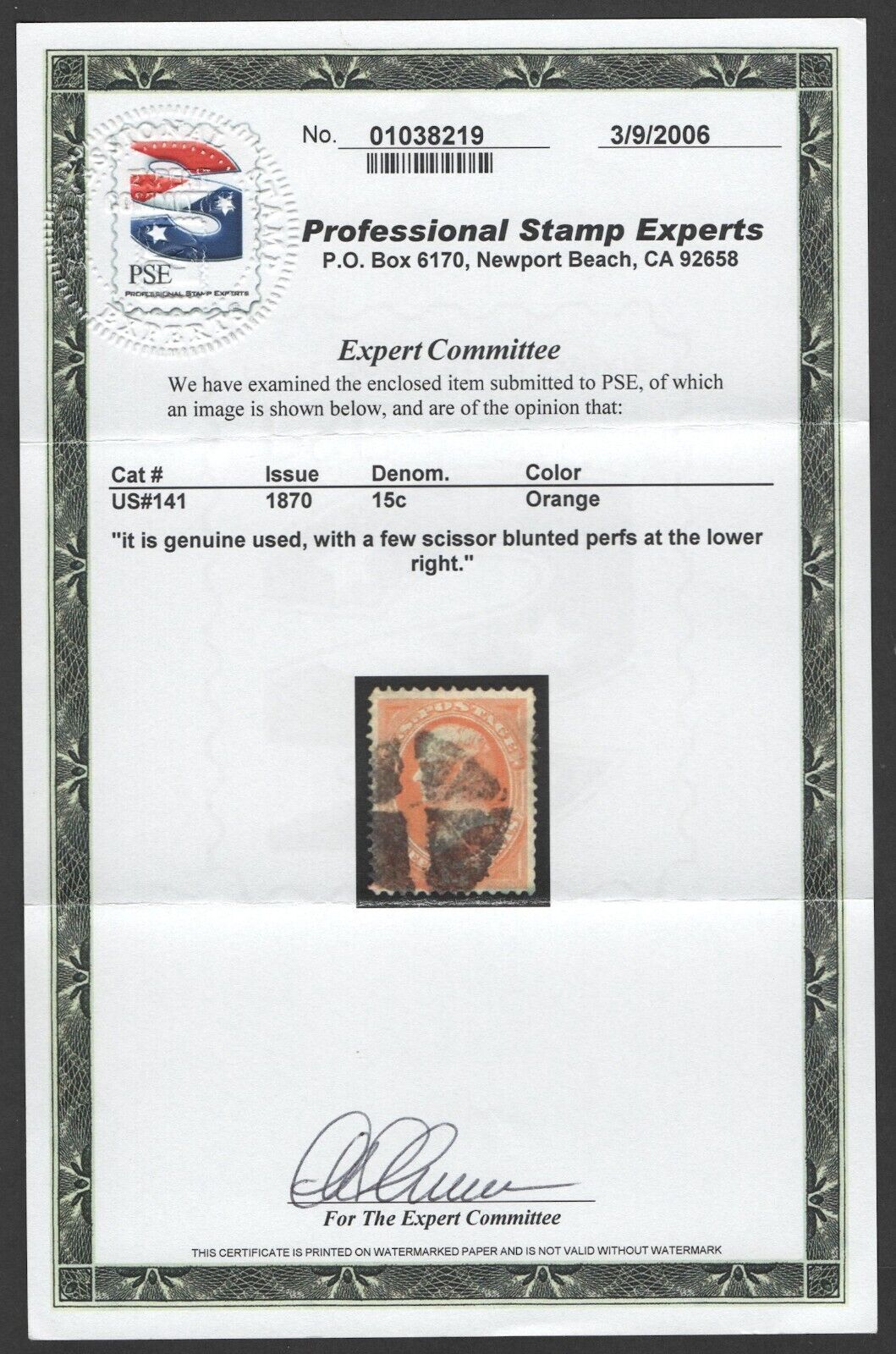 SCOTT #141- USED - F/VF - w/PSE Cert.-Slightly nibbed perfs (LB 7/10/23 ...