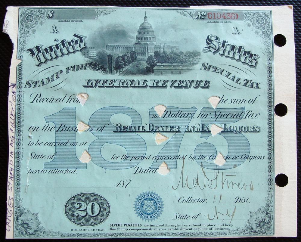 US Used 1875 $20 Internal Revenue Special Tax Stamp L14 | United States ...