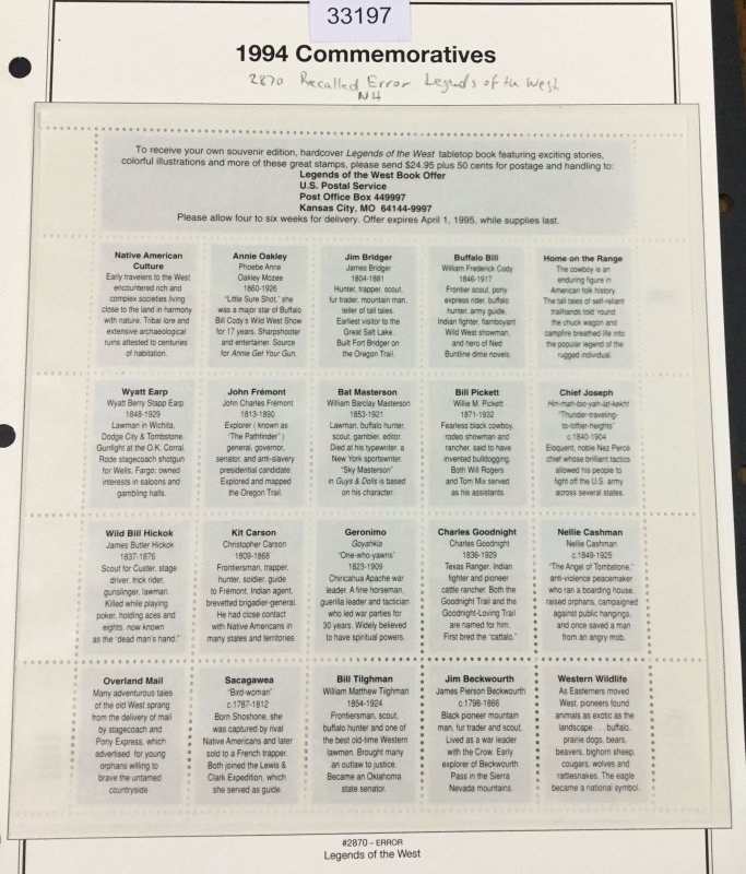 US Stamps #2870 Recalled Error Legends of the West Mint OG NH LOT ...
