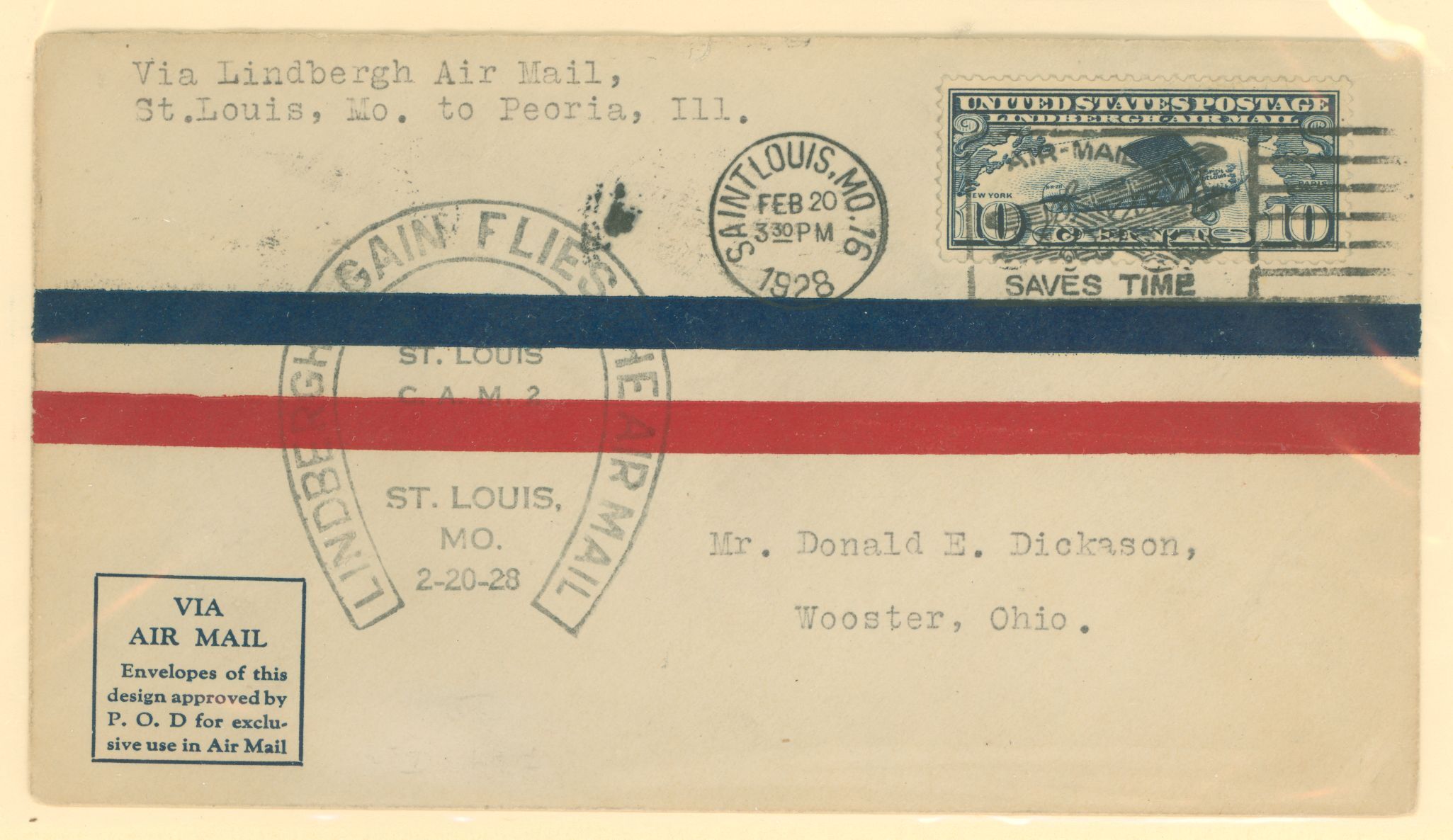 US C10 1928 Charles Lindbergh airmail single on a CAM2 "Lindbergh Flies ...