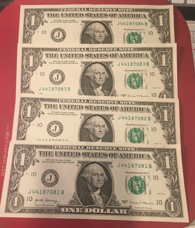 4 $1 Dollar Bills, Crisp Notes Sequentl Serial #J44187081/82/83/84 ...