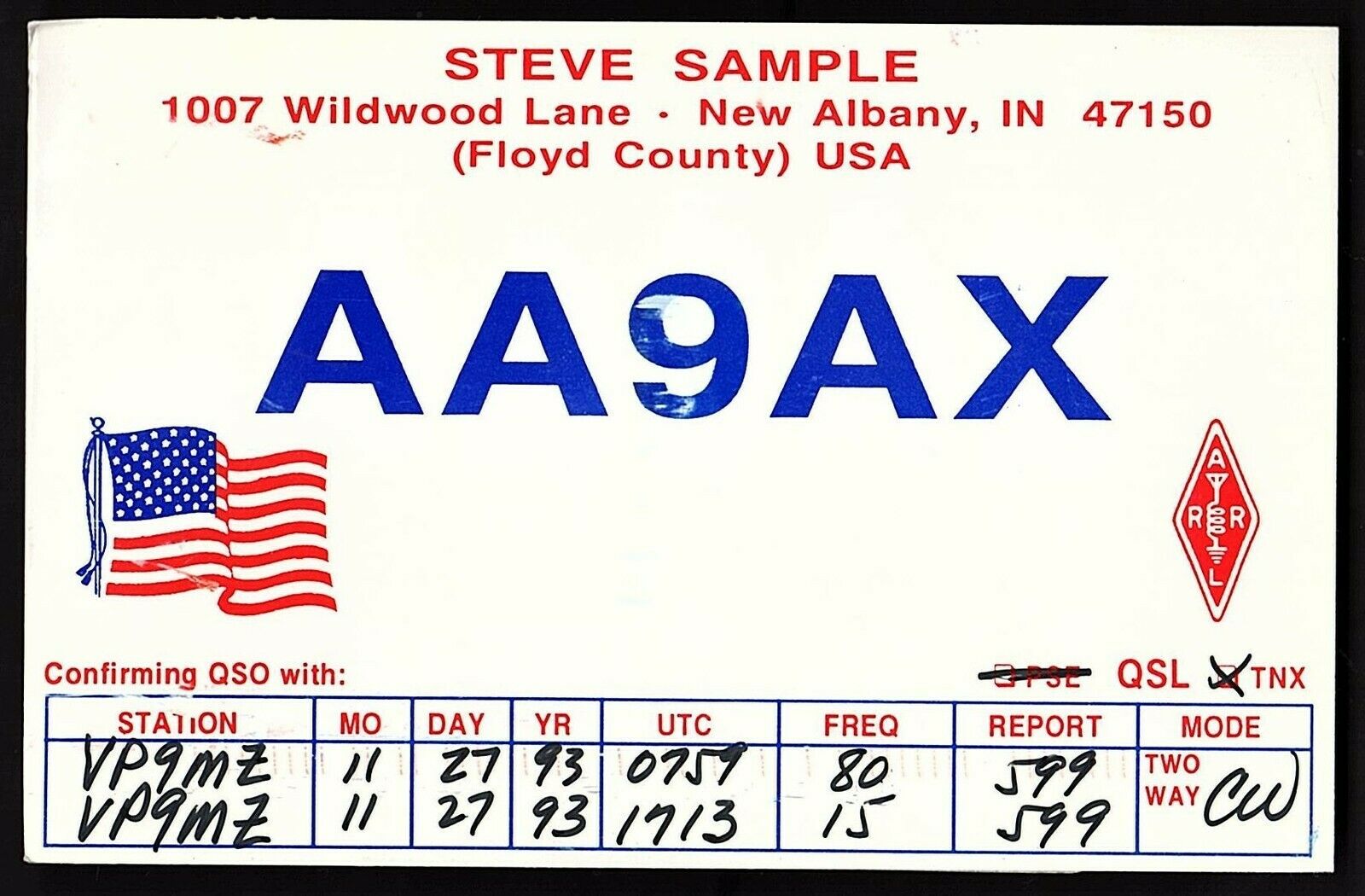 QSL QSO RADIO CARD "Steve Sample/AA9AX/Pic of Flag/1993/New Albany", IN ...