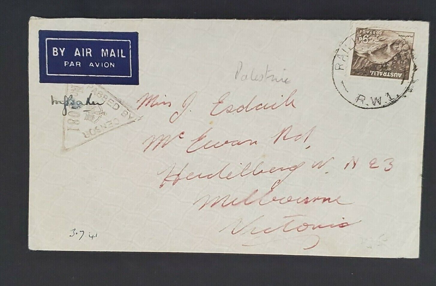 1941 Palestine Australian Army Base Melbourne Australia Censored ...