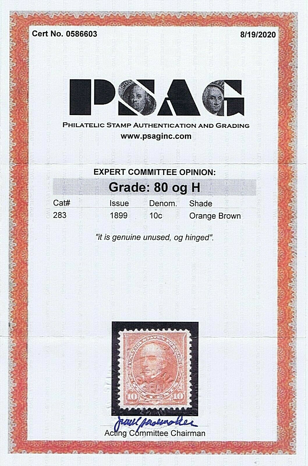 SC# 283 Unused Original GUM Hinged 10c Webster 1899, 2020 Psag Cert ...