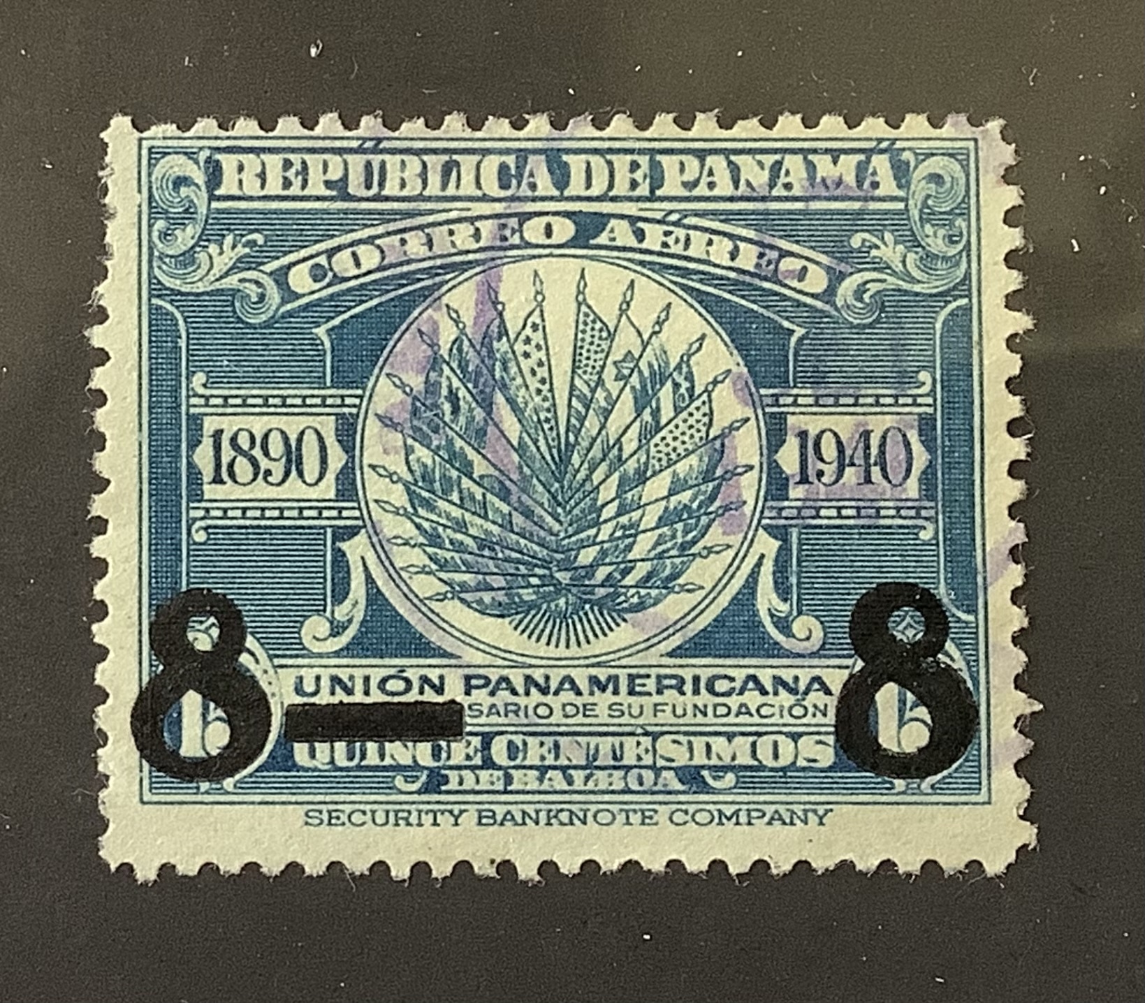 Panama 1940 Scott C66 used - 8c on 15c, Flags, Pan American Union ...