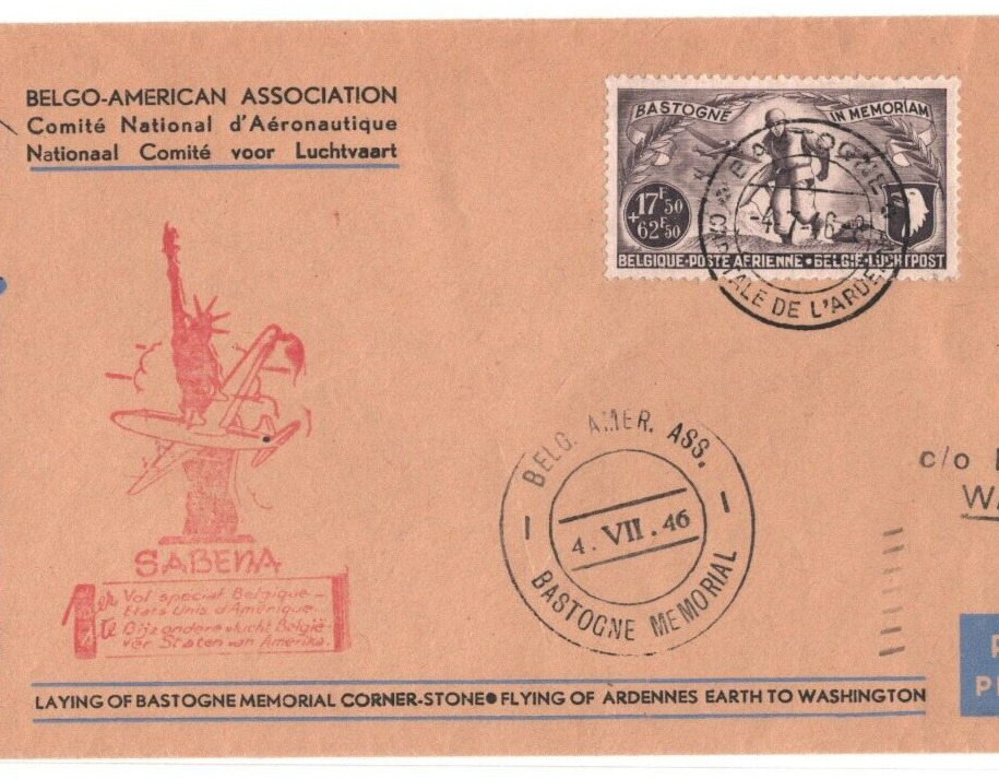 Belgium/USA Air Mail *Bastogne Ww2* Cover Sabena 1946 Flight Battle ...