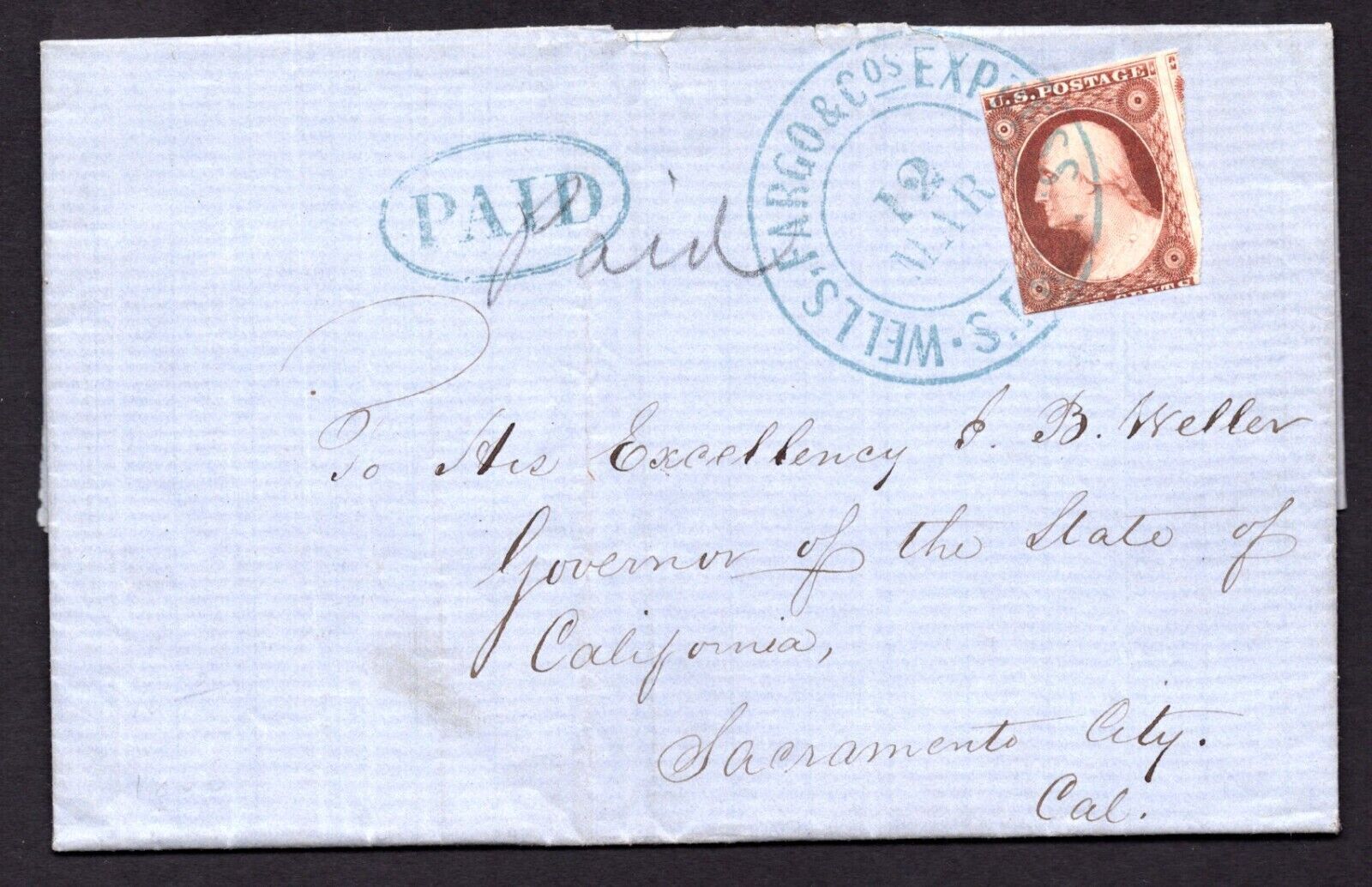 US 1850 Wells Fargo Seal in Blue Tying SC. #10 on Folded Letter to the ...