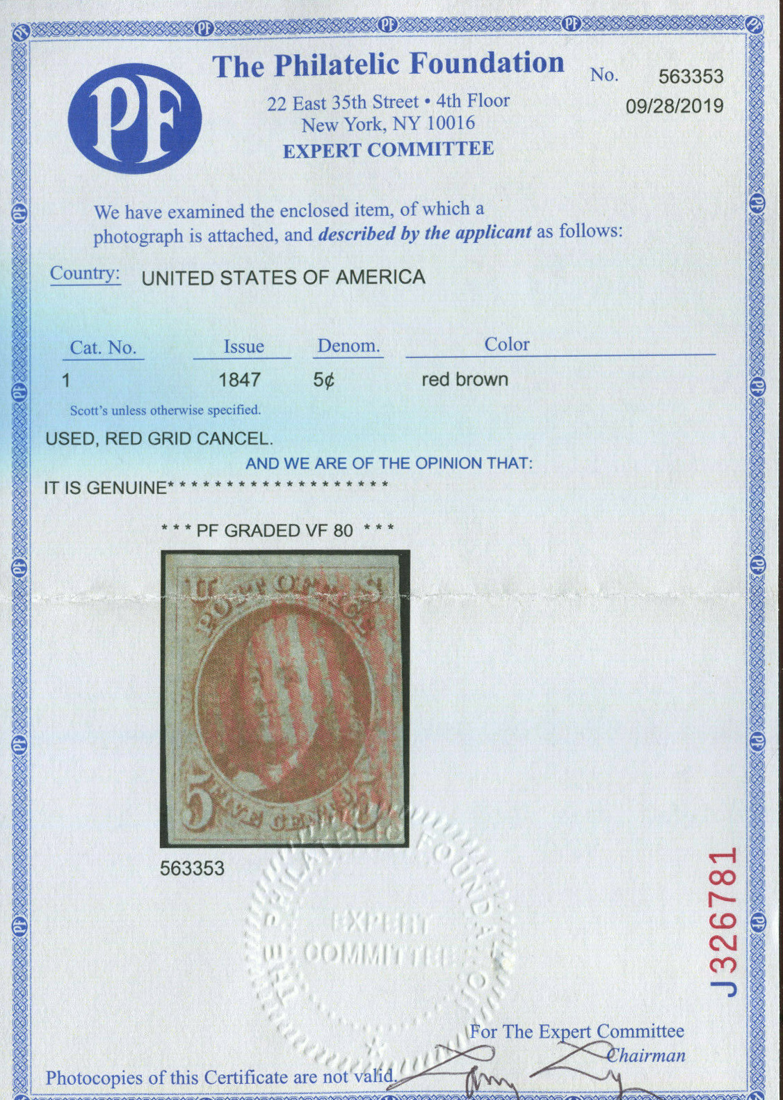 U.S. #1 Used With PF Cert Graded 80 | United States, General Issue ...