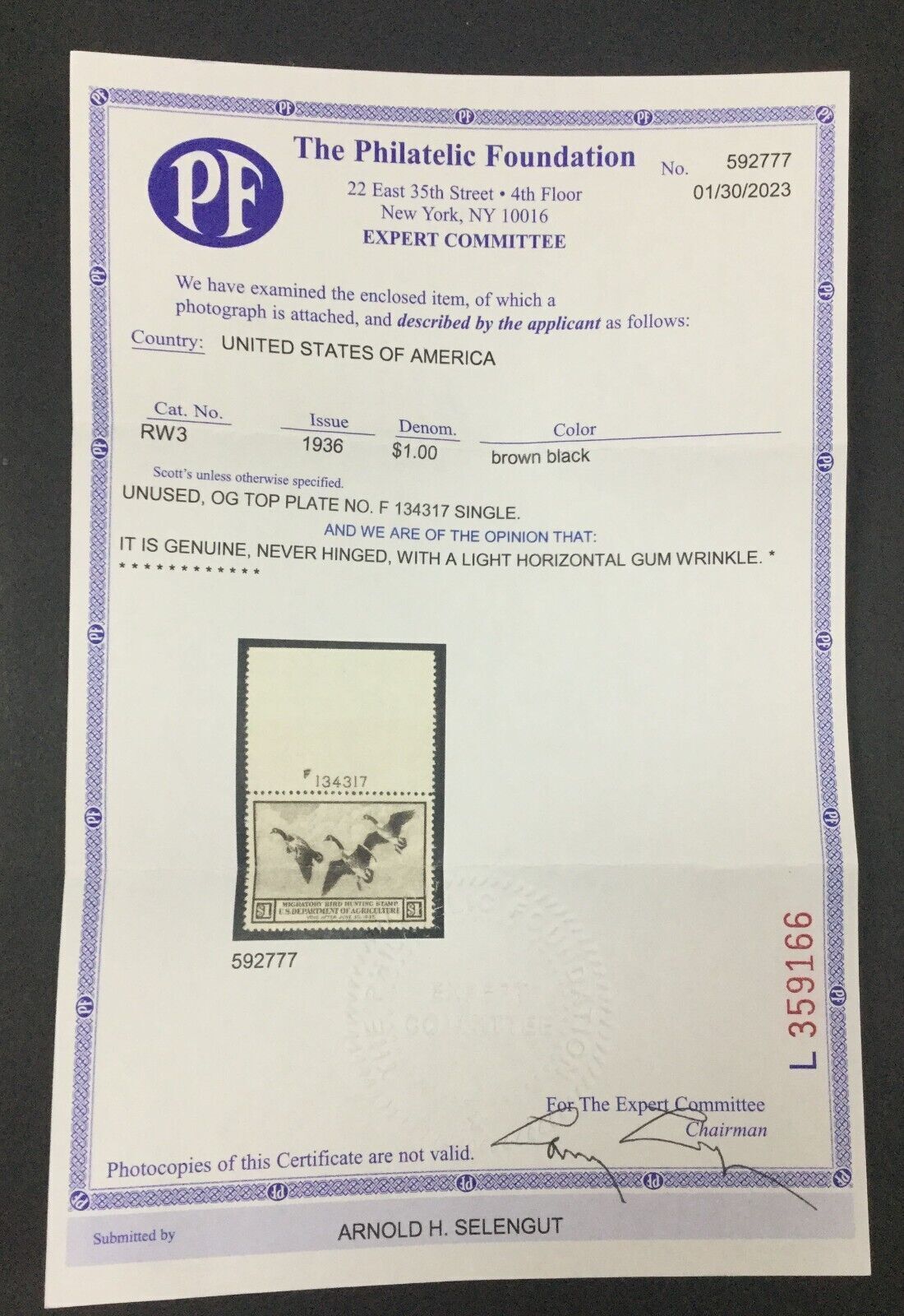 US Stamps #Rw3 Plate Single Mint OG NH Jumbo **Pf Cert** $325 LOT ...