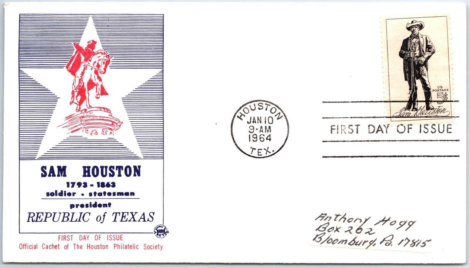 US Cover First DAY of Issue SAM Houston Republic of Texas H.P.a. Cachet ...