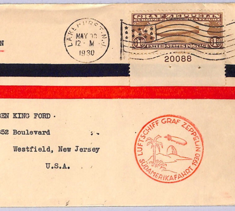 USA #C14 Cover Graf Zeppelin $1.30 Plate Air 1930 PAN America Round ...