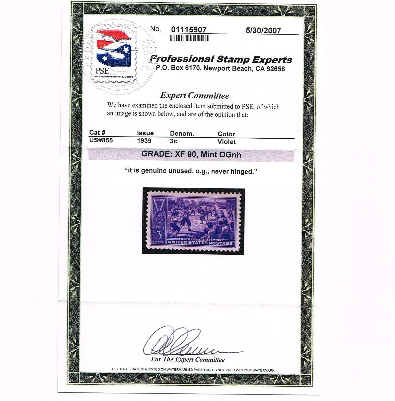 Exceptional Genuine Scott #855 Mint Pristine OG NH PSE Cert Graded Xf ...
