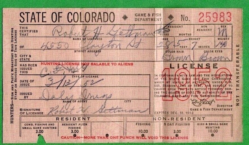 COLORADO 1952 Resident Hunting Fishimg Small Game License RW19 Federal ...