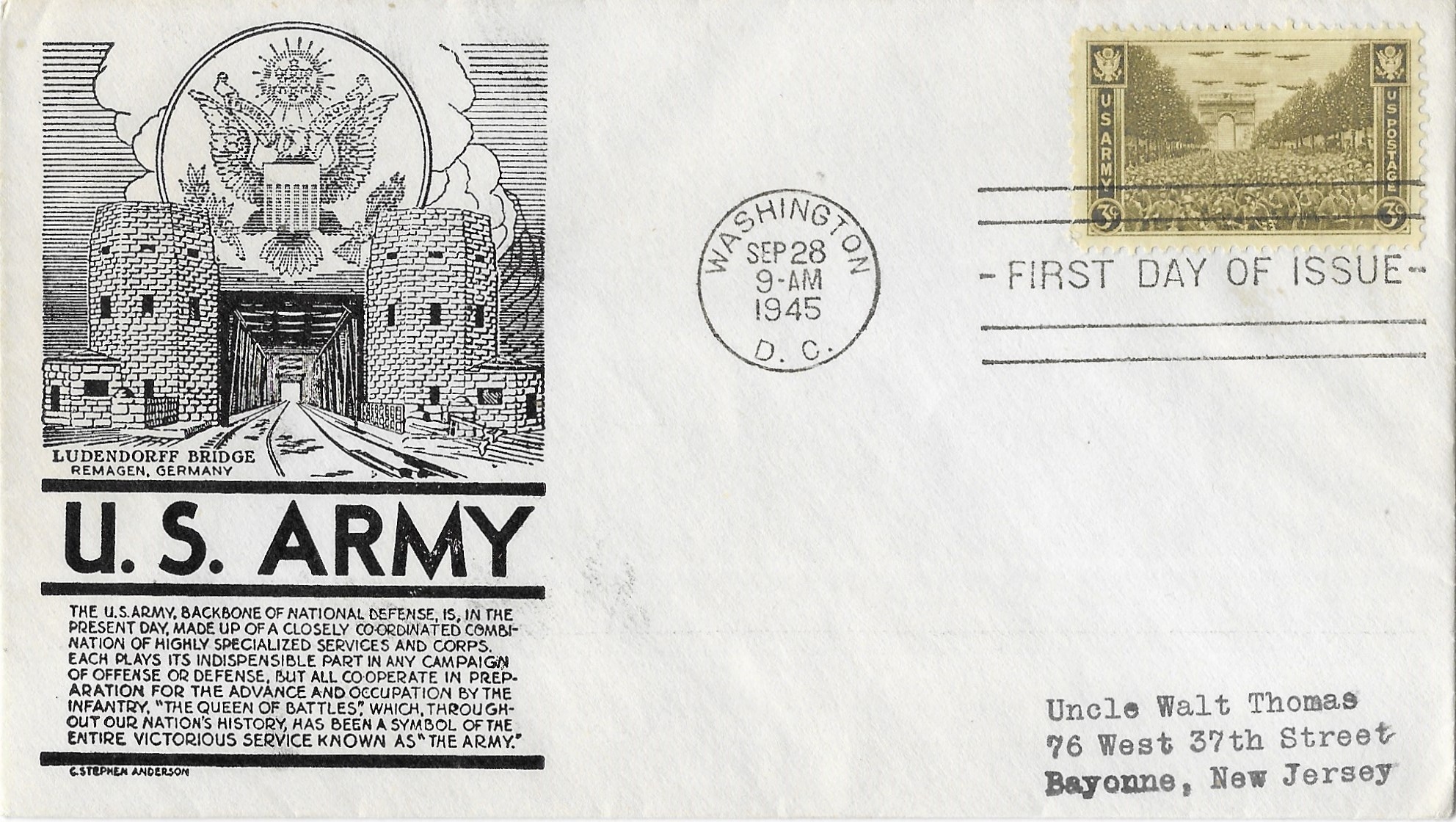 1945 FDC, #934, 3c U.S. Army, Anderson - 2 colors | United States ...