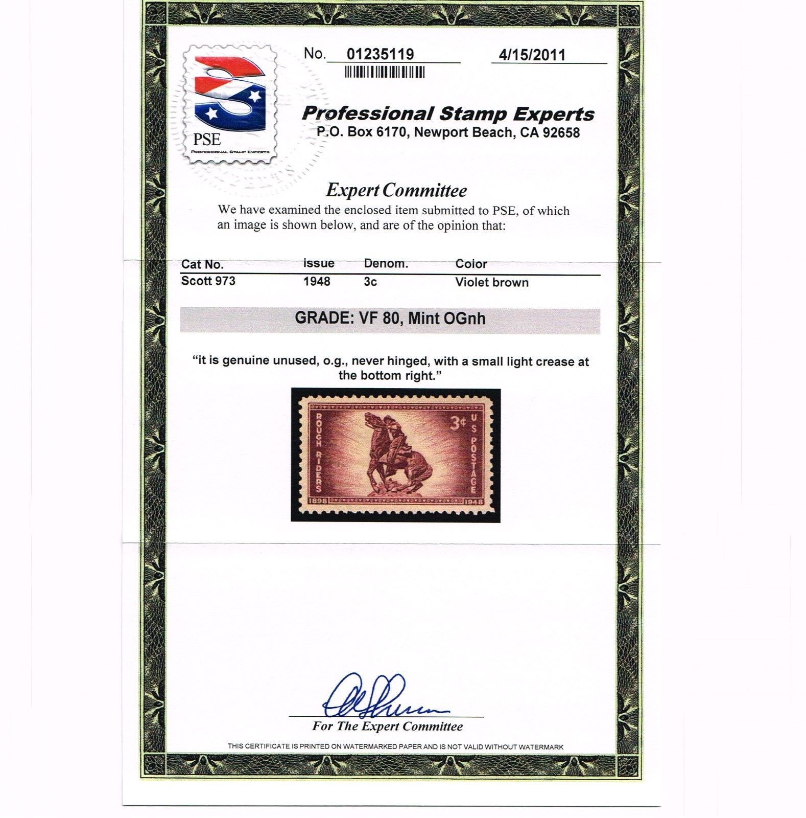 Genuine Scott #973 VF Mint Pristine OG NH PSE Graded Cert - Estate Sale ...