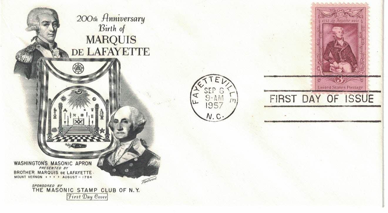 1957 FDC, #1047, 3c Lafayette, Masonic Stamp Club of New York | United ...