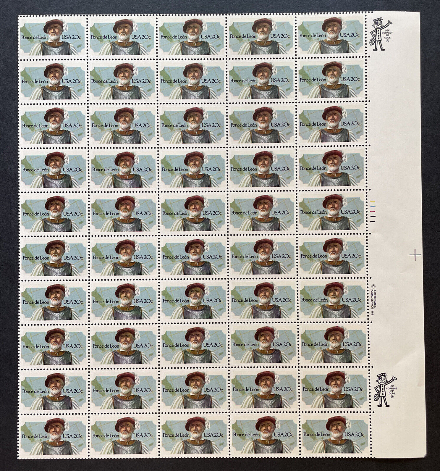 Scott 2024 PONCE DE LEON Sheet of 50 US 20¢ Stamps NH 1982 Selvage Flaw ...