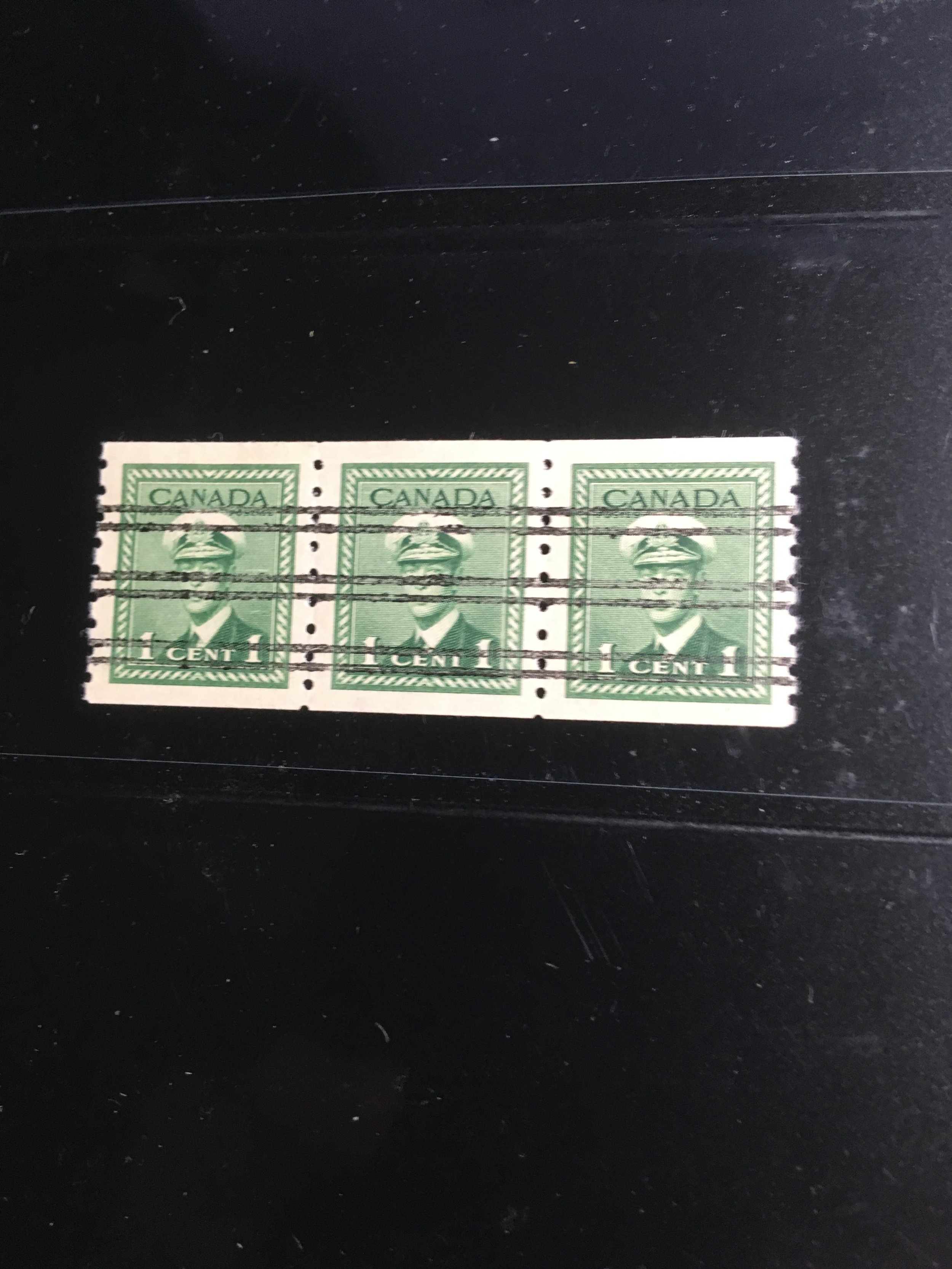 Canada USC #263xx 1c War Coil Perf. 8 Strip of ThreeNHLeft Stamp Tiny ...