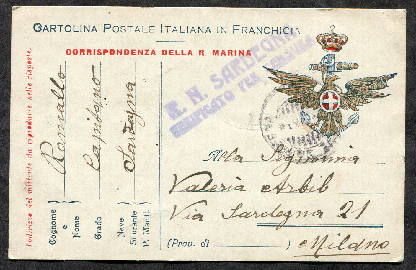 363 - WW1 ITALY CENSORED Postal Card from Battleship RN SARDEGNA ...