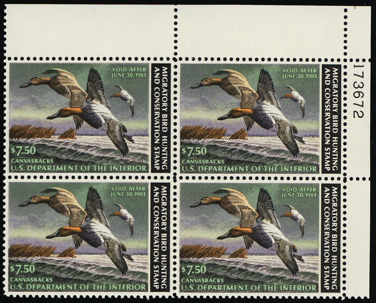 RW49, Mint NH XF $7.50 Federal Duck Stamp Plate Block Face Value $30 ...