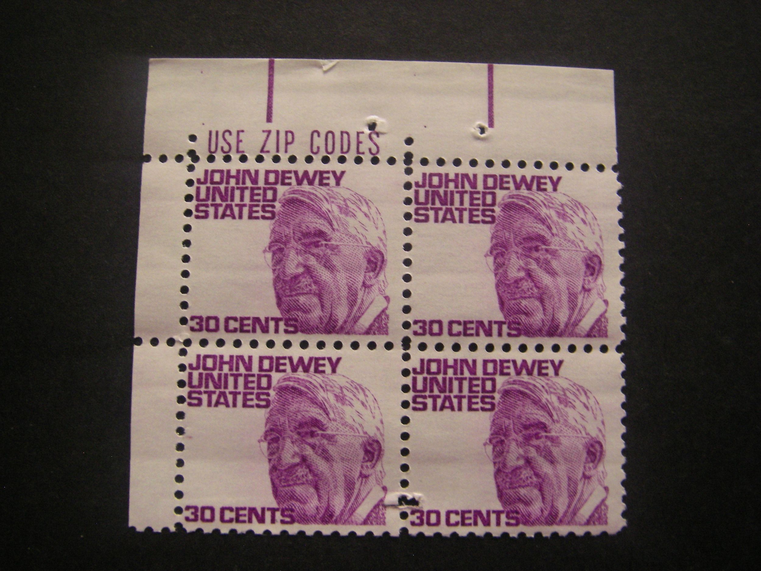 Scott 1291, 30c John Dewey, Zip Block of 4 UL, MNH Prominent, perf ...