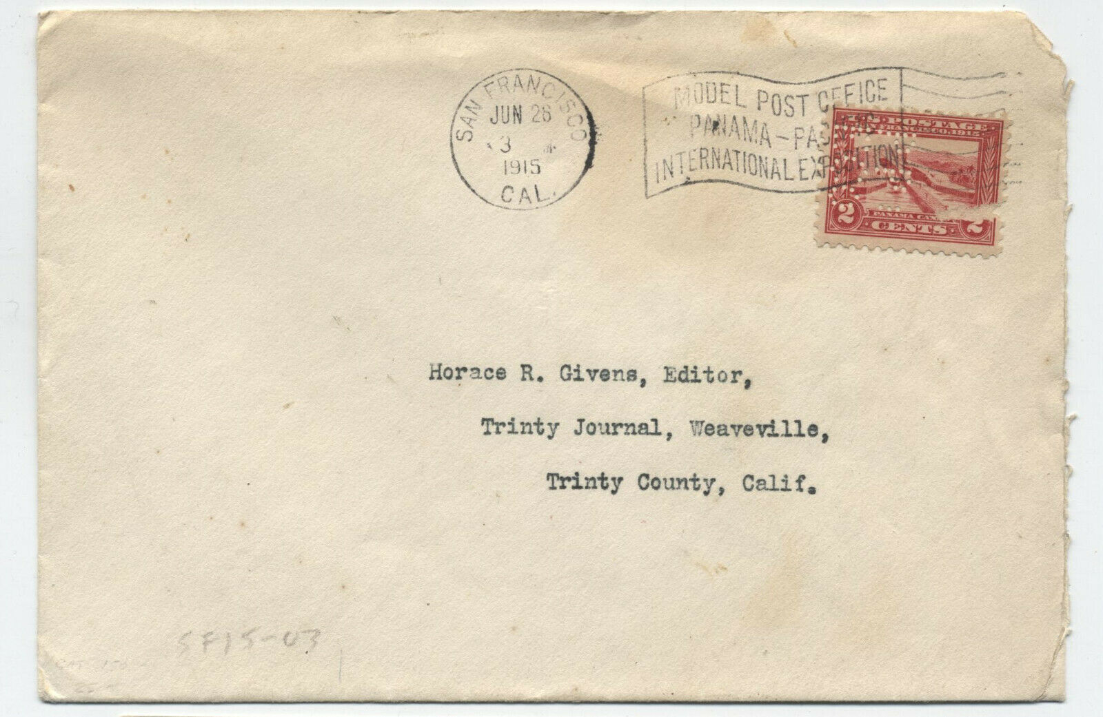 1915 San Francisco Expo Station universal machine 2ct Pan-Pac perfin ...