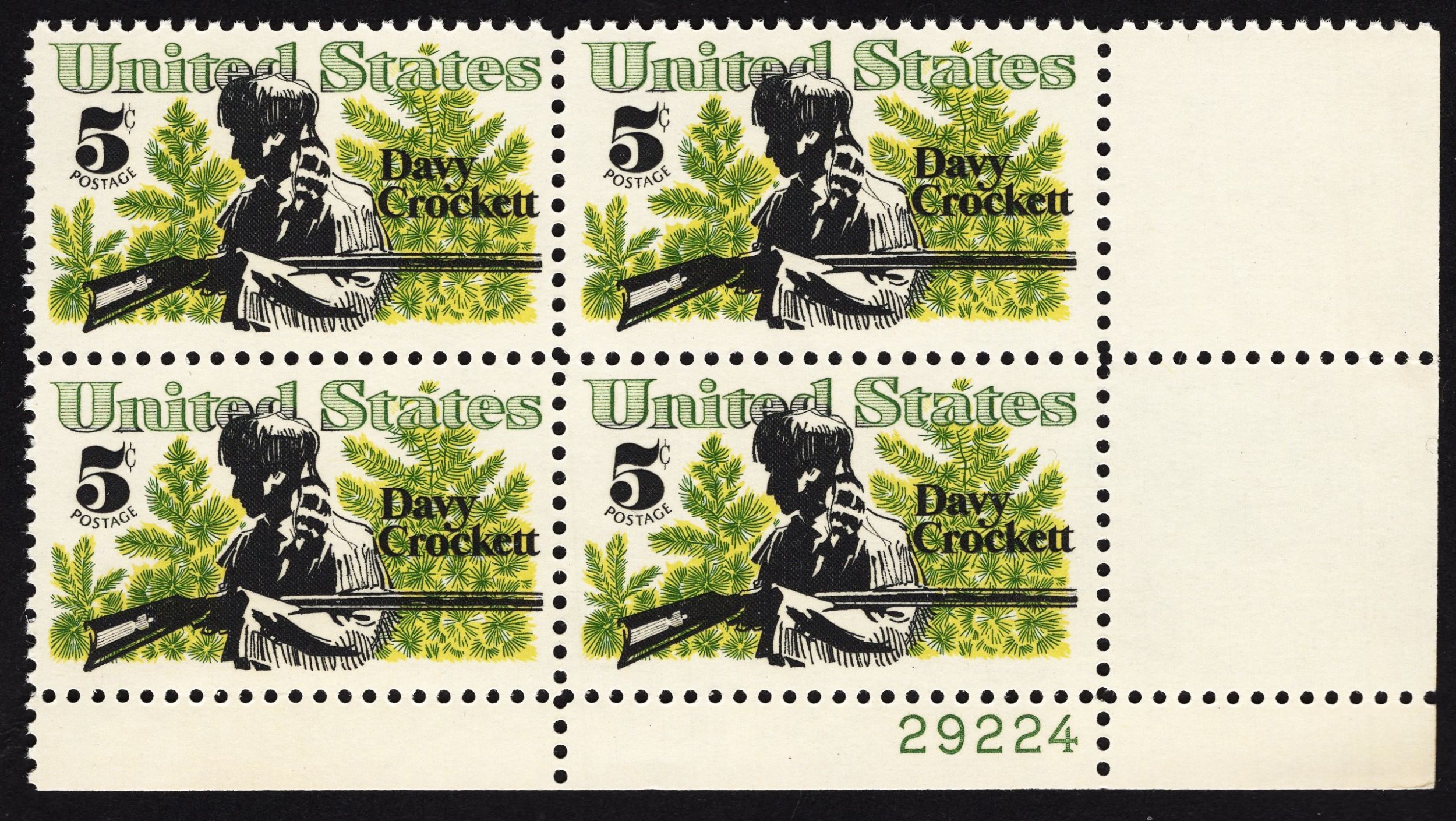 US 1330 MNH VF/XF 5 Cent Davy Crockett Plate Block of 4 #29224 | United ...