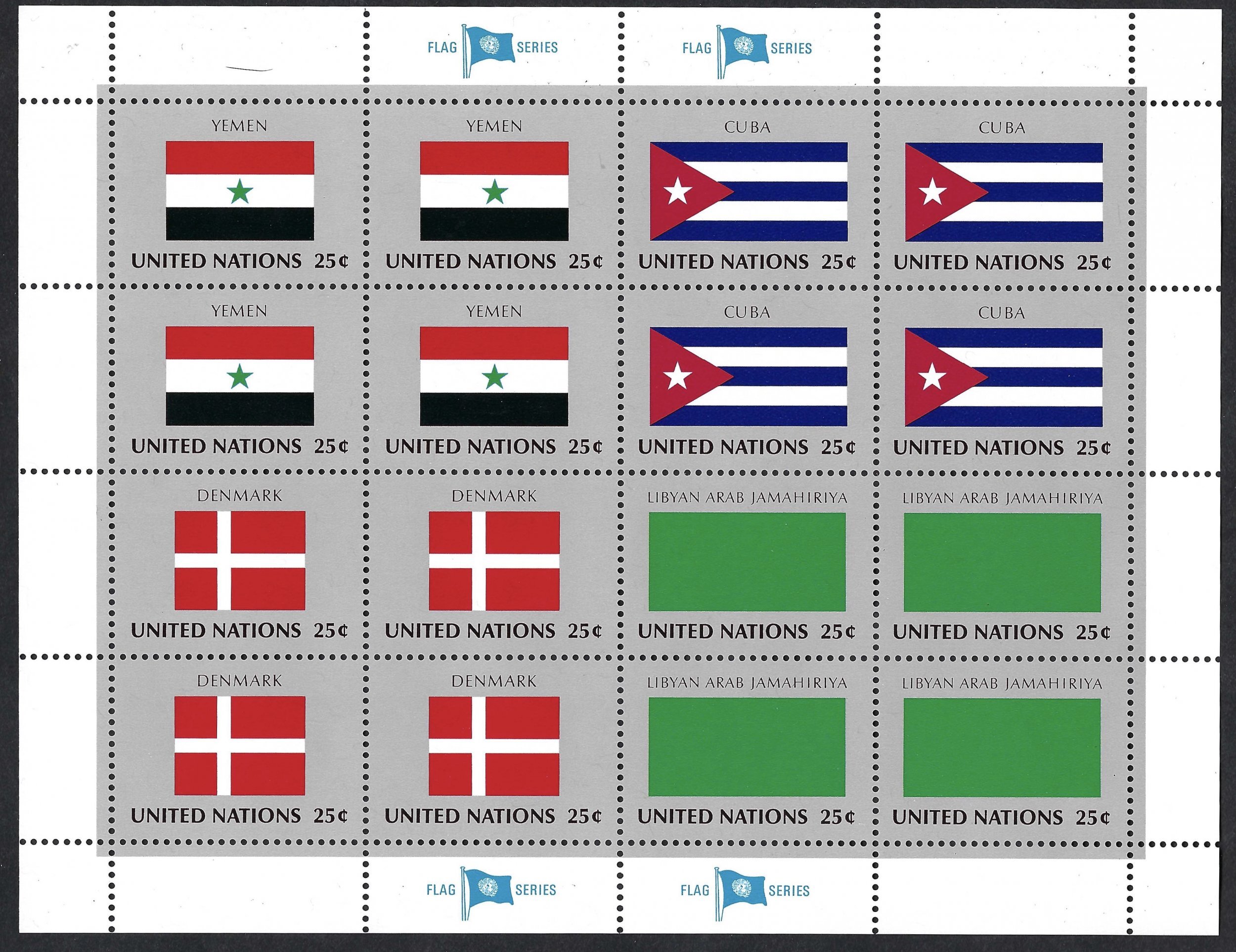 United Nations #528-543 25¢ World Flag Series (1988). 4 full sheets ...