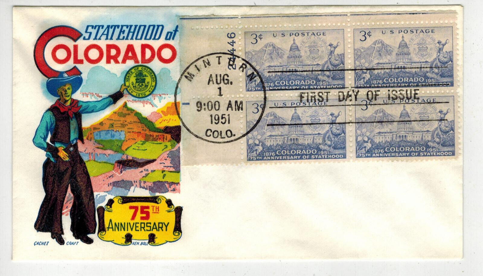 1950s KEN Boll 5 Color Plate # Block FDC 1001 Colorado Statehood 75th ...