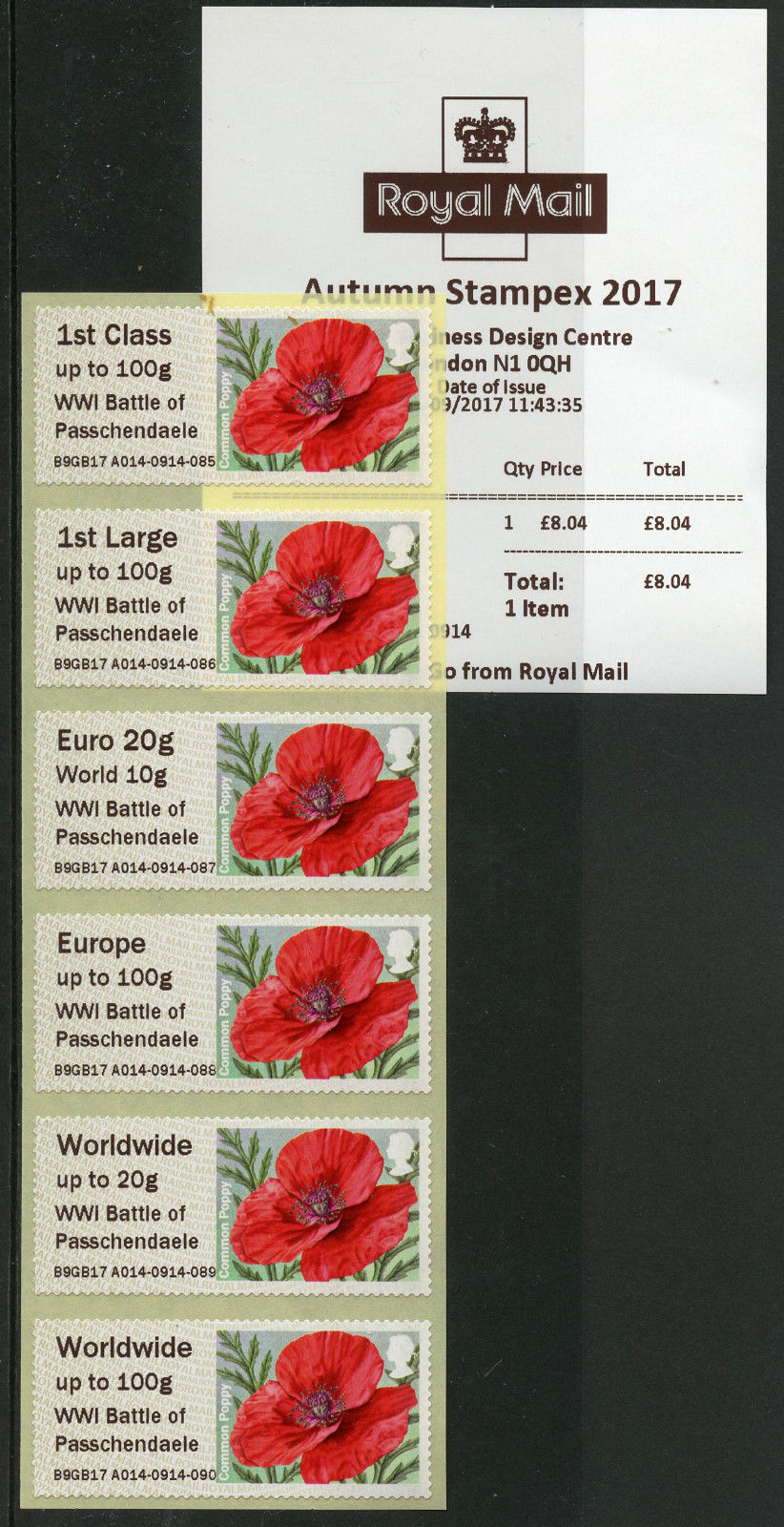 GB 2017 MNH WWI WW1 Passchendaele Post & Go Autumn Stampex 6v Col Strip ...
