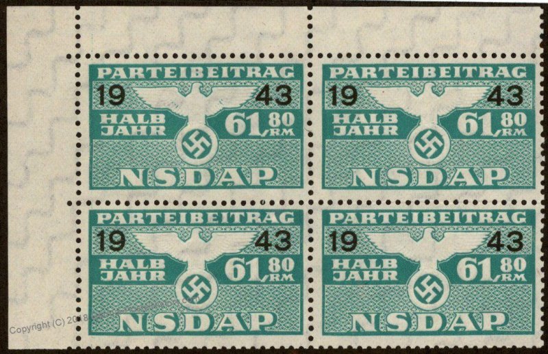 Germany NSDAP Party 1943 61.80RM Dues Revenue Membership Stamp 96225 ...