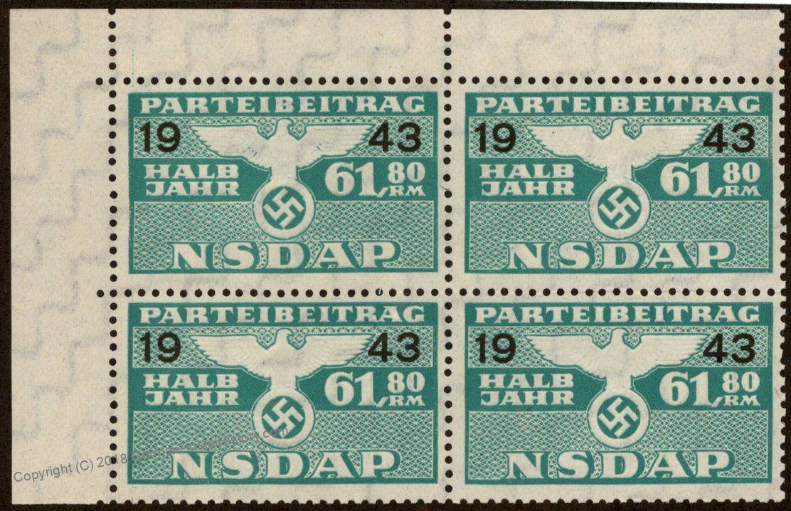 Germany NSDAP Party 1943 61.80RM Dues Revenue Membership Stamp 96225 ...