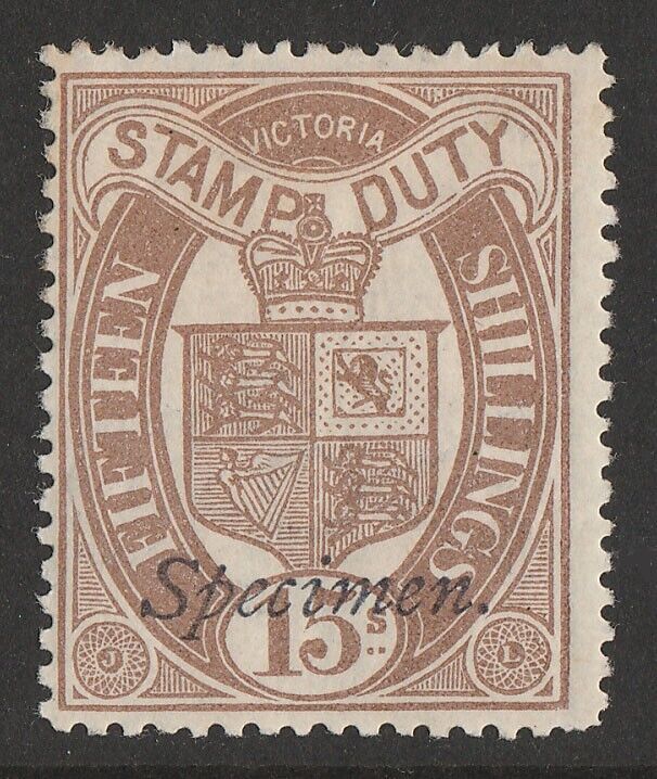 VICTORIA 1884 Crown & Arms 15/- Stamp Duty, Specimen cat £1800 as ...