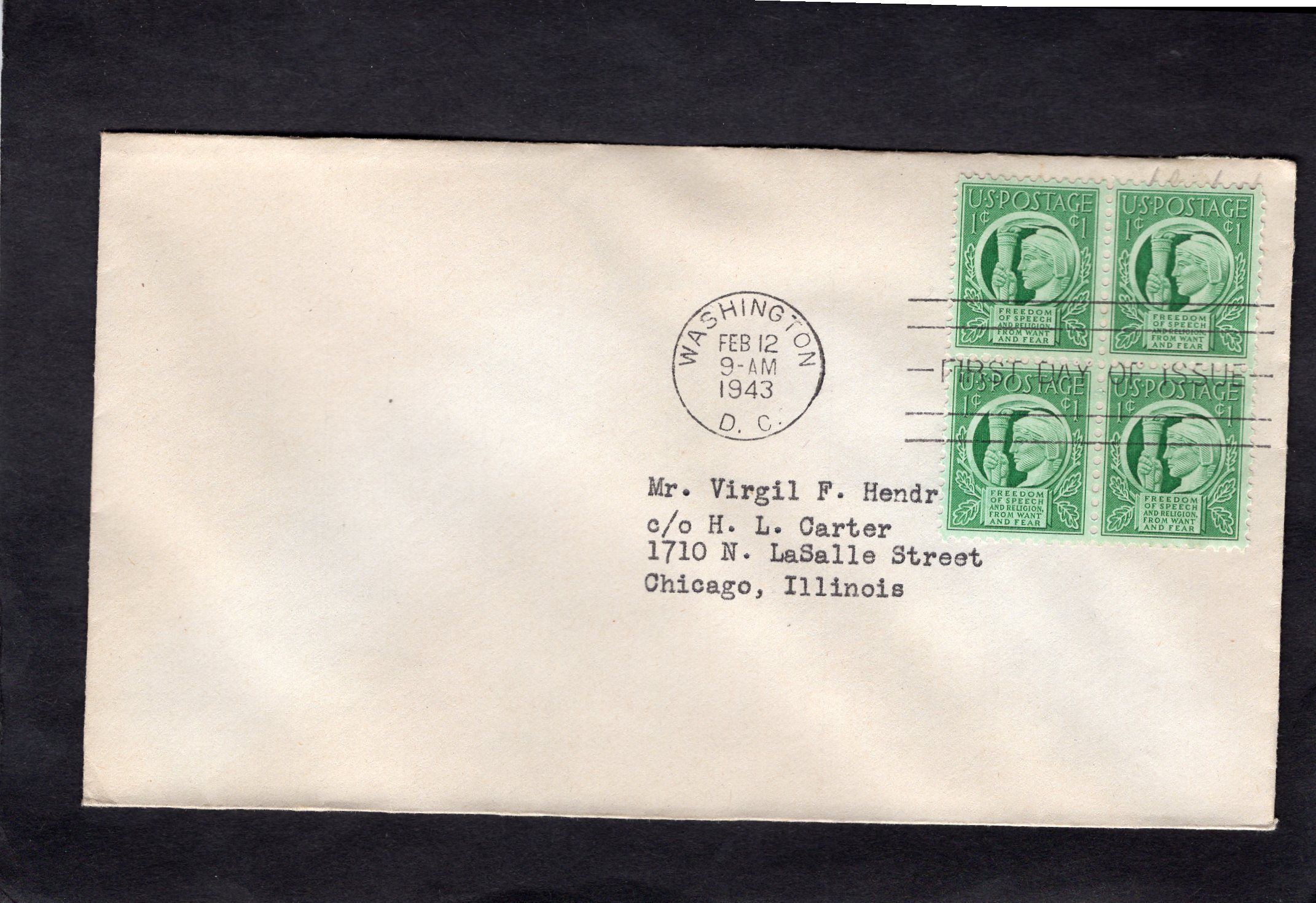 908 Four Freedoms, blk/4 FDC addressed | United States, General Issue ...