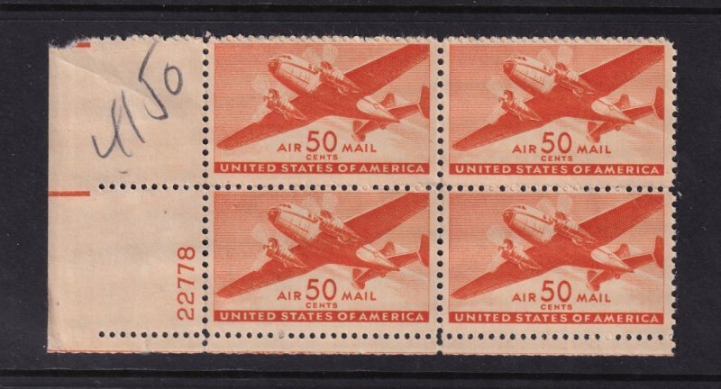 1946 Transport Plane Sc C31 50c Airmail MNH plate block Durland CV $60 ...