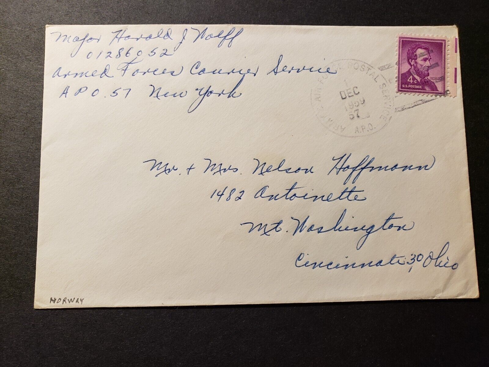 APO 57 OSLO, NORWAY 1959 Army Cover COURIER SERVICE Major Officer's ...
