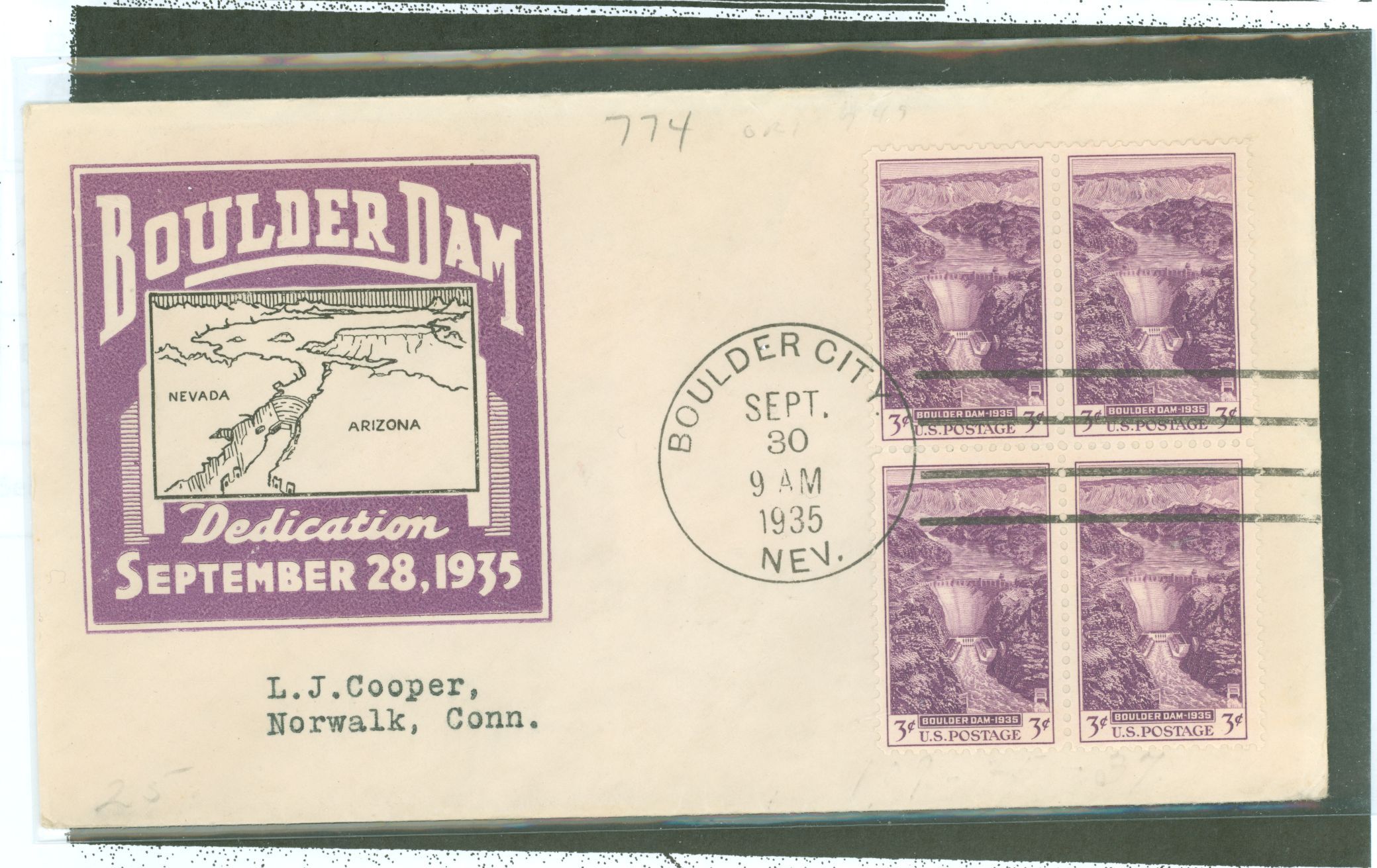 US 774 1935 3c Boulder Dam Dedication bl of four on an addressed ...