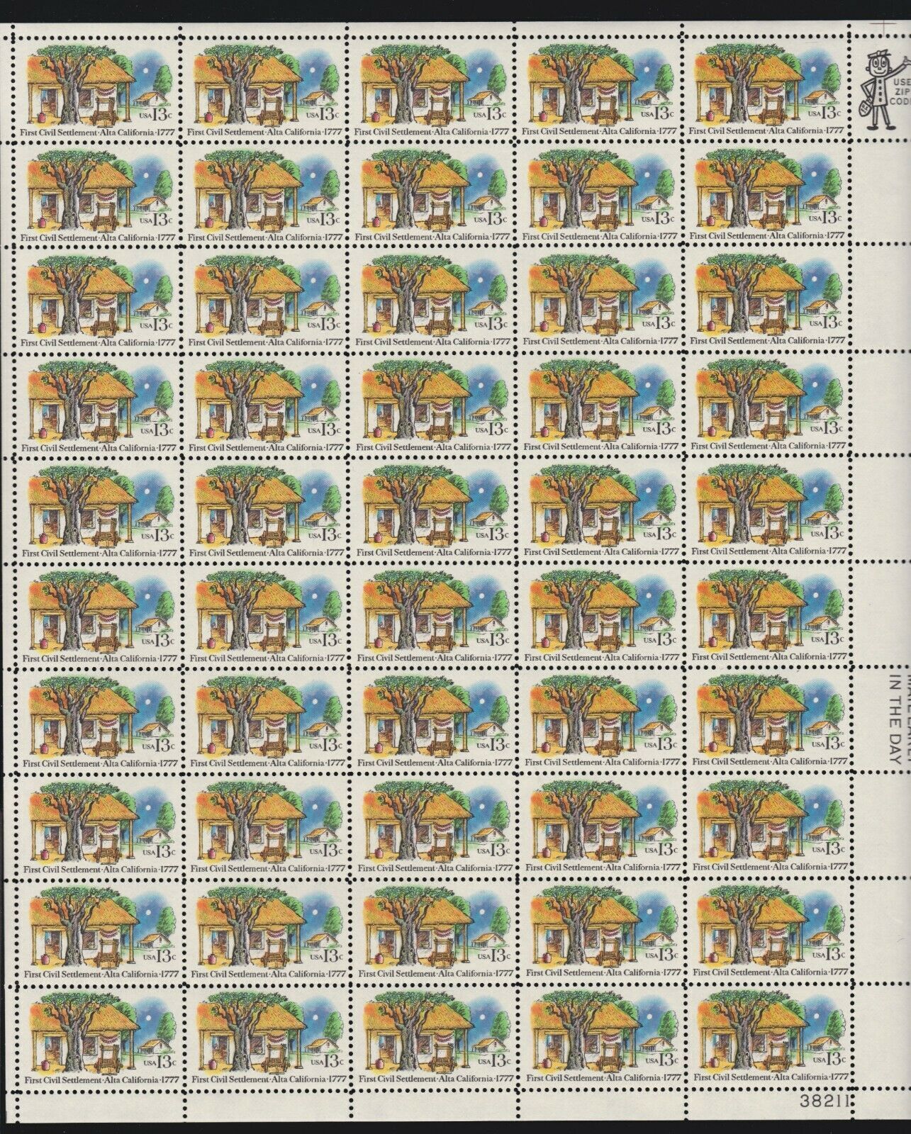 US 1725 13c First Civil Settlement Alta California Mint Stamp Sheet ...