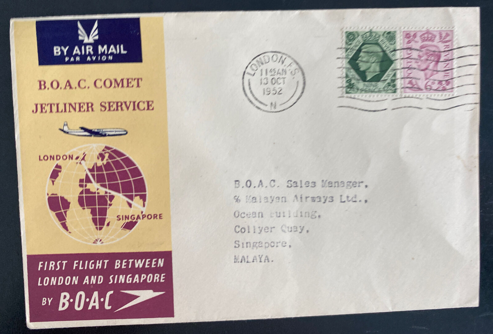 1952 London England First Flight Cover FFC To Singapore Malaya BOAC Jet ...