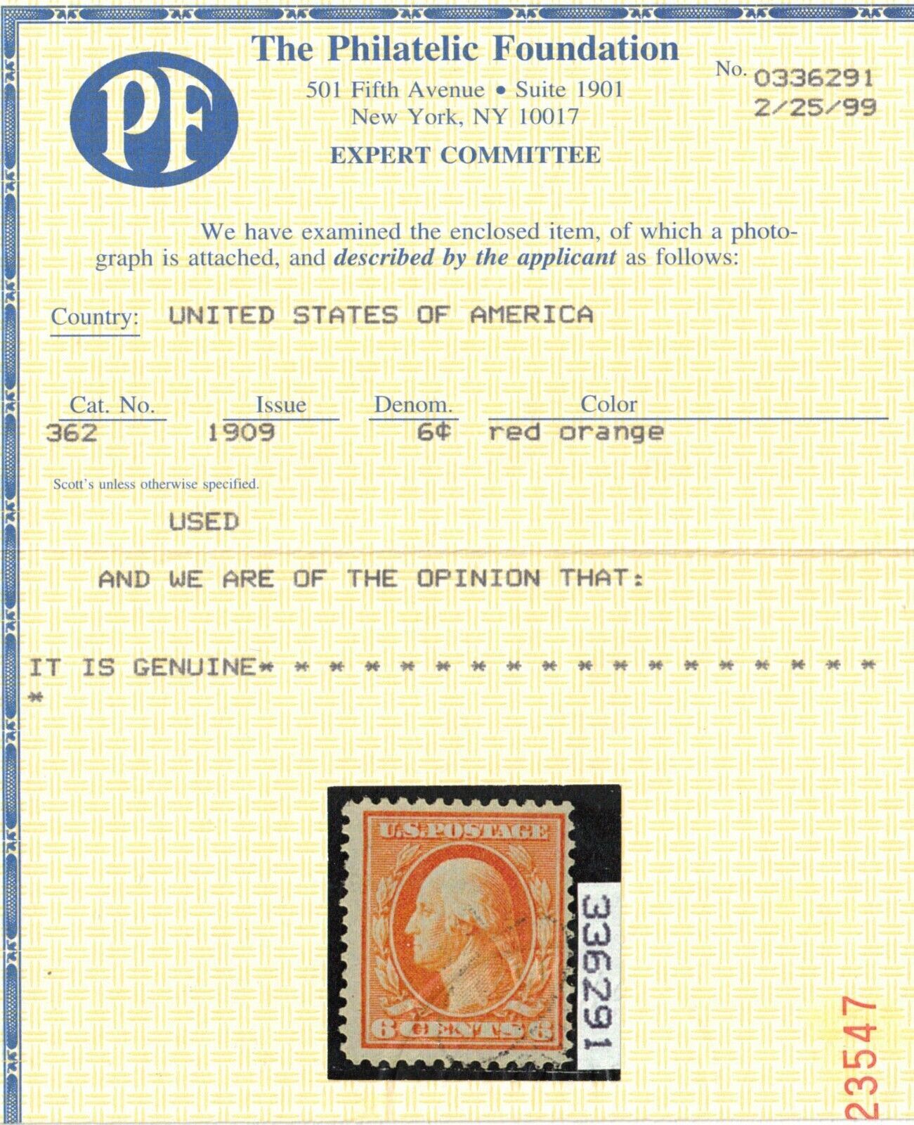 USA #362 Used Fine - Very Fine On Bluish Paper **With Certificate ...