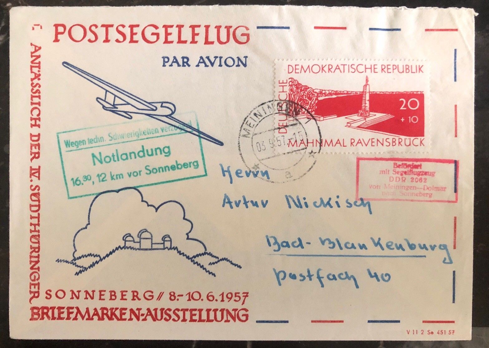 1957 Meiningen DDR East Germany Glider Flight First Day Cover FDC Stamp ...