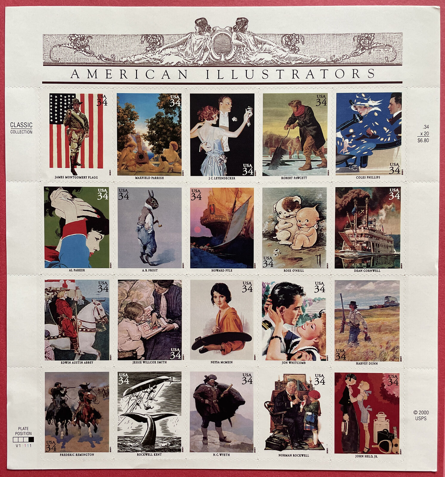 3502 AMERICAN ILLUSTRATORS Pane of 20 US 34¢ Stamps 2001 NH, Selvage ...