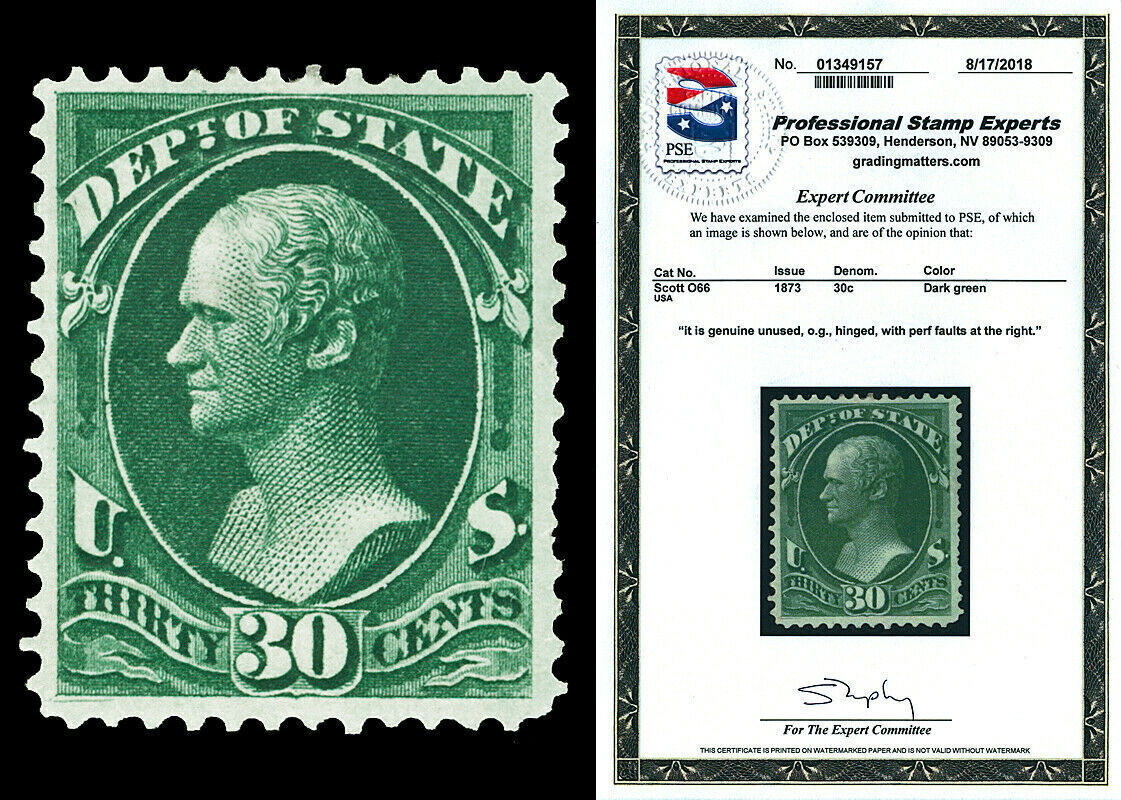 Scott O66 1873 30c State Department Official Mint F-VF OG Cat $525 with ...