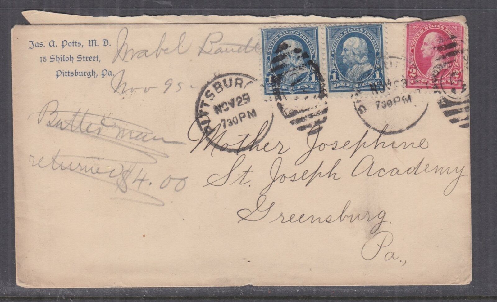 UNITED STATES, 1895 cover, Jas, A. Potts MD, Pittsburgh, PA, 1c.(2), 2c ...