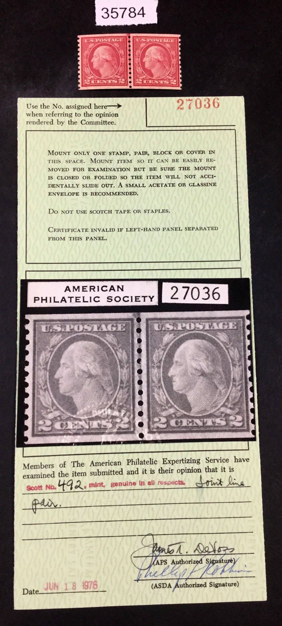 US Stamps #492 Line Pair Mint OG NH VF **Aps Cert** LOT #35784 | United ...