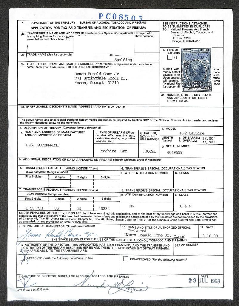 USA RY8 4069559 Firearms Transfer TAX Stamp Government Machine GUN ...