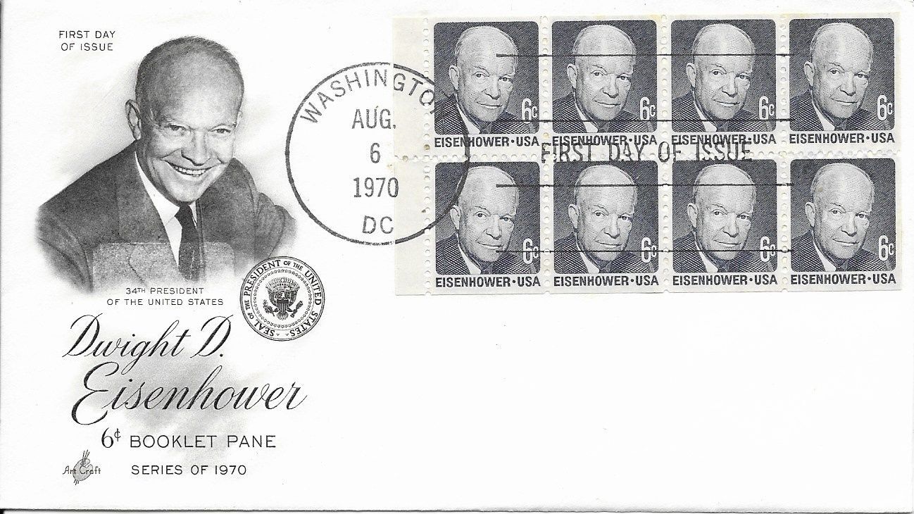 1970 FDC, #1393a, 6c Dwight D. Eisenhower, Art Craft, booklet pane ...